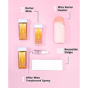 Waxing Kit, Wax Roller, Roll On Wax Kit with 2 Honey & 1 Rose Roll on wax, 50 Non-Woven Wax Strips, Soft Wax Warmer for Hair Removal, At Home Waxing Roller Kit for Larger Areas of the Body