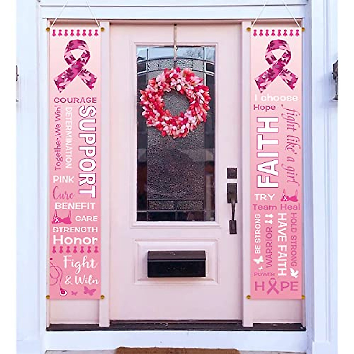 Breast Cancer Awareness Banner Porch Sign, 11.8" x 70.8" Pink Ribbon Party Sign, Hope Strength Courage Faith Backdrop for Pink Ribbon Breast Cancer Party Decoration Supplies - Pink Ribbon