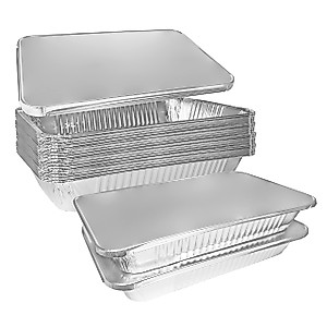 Heavy Duty Full Size Shallow Aluminum Pans with Lids Foil Roasting & Steam Table Pan 21x13 inch - Shallow Chafing Trays for Catering Disposable Large Pans for Baking, Reheating, Grilling (5 PACK)