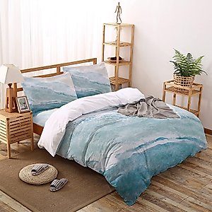 Queen Duvet Cover Set - Summer Beach 4 Pcs Comforter Cover Set, Aqua Sea Waves Coastal Bedding Sets with Zipper Closure, Ocean Nautical Seaside Microfiber Bed Sheet Soft Quilt Cover 2 Pillow Shams