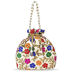 Aheli Ethnic Designer Embroidered Silk Potli Bag Batwa Pearls Handle Clutch Purse for Women (P01) (Multi Floral 4)