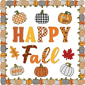 BeYumi 93Pcs Happy Fall Pumpkin Cutouts Bulletin Board Set Hello Fall Cutouts with Farmhouse Pumpkin Borders Trim Halloween Thanksgiving Theme Party Decoration Supplies for Home Sweet Classroom School