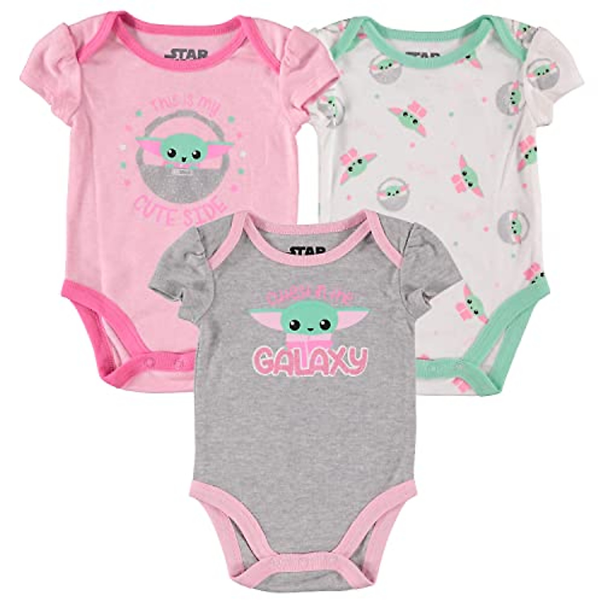 STAR WARS Baby Girls' Short Sleeve Infant Baby Bodysuits for Girls 3 Pack Gift Set (Grey/Pink/Green, 0-3 Months)