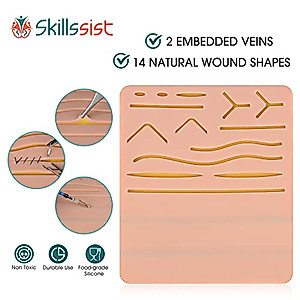 Skillssist Suture Practice Pad & Injection IV Training Pad with 14 Pre-Cut Wounds and 2 Veins, 2-in-1 Training pad for IV Injection Training & Suturing Practice for Medical Students and Doctors