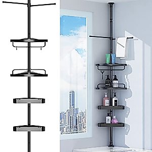 Corner Shower Caddy Tension Pole - Shower Organizer Tension Pole with 4 Shelves,Rust Resistant Stand Tension Rod Shower Caddy for Bathtub,Bathroom,RV,Kitchen Storage - Black,54-114” Adjustable