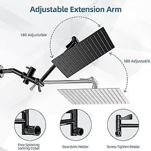 Shower Heads with Handheld Spray Combo, 10" Rain High Pressure Shower Head with 11" Extension Arm, 10 Modes Detachable Shower Built-in Power Wash with 59" Hose, Height & Angle Adjustable, Matte Black