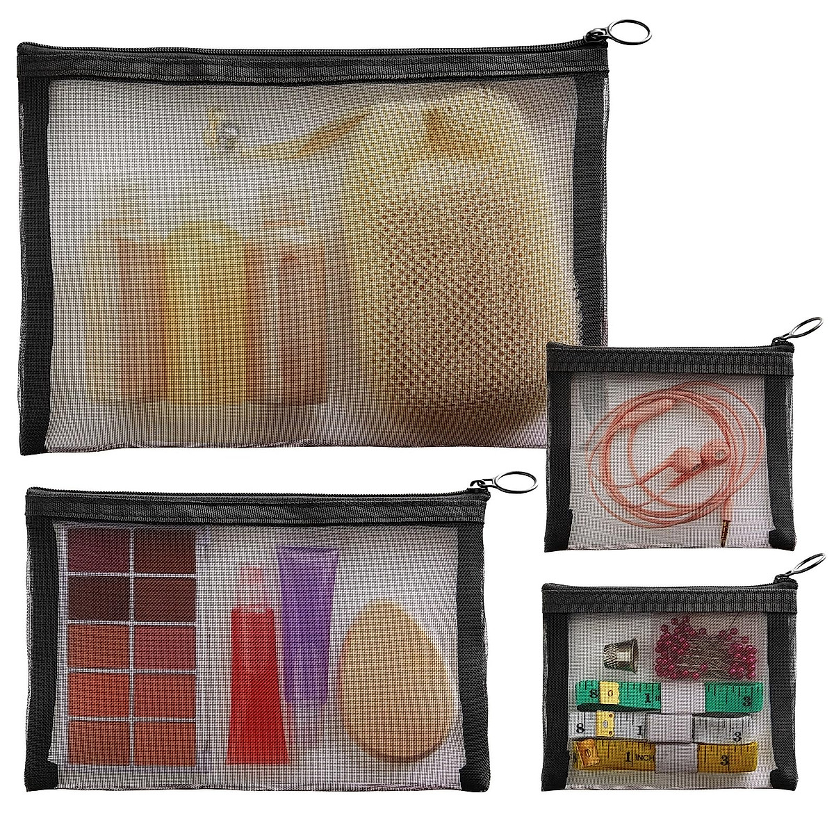 Glamlily Mesh Makeup Bag Set of 4, Travel Zipper Pouch for Cosmetics (Black, 3 Sizes)