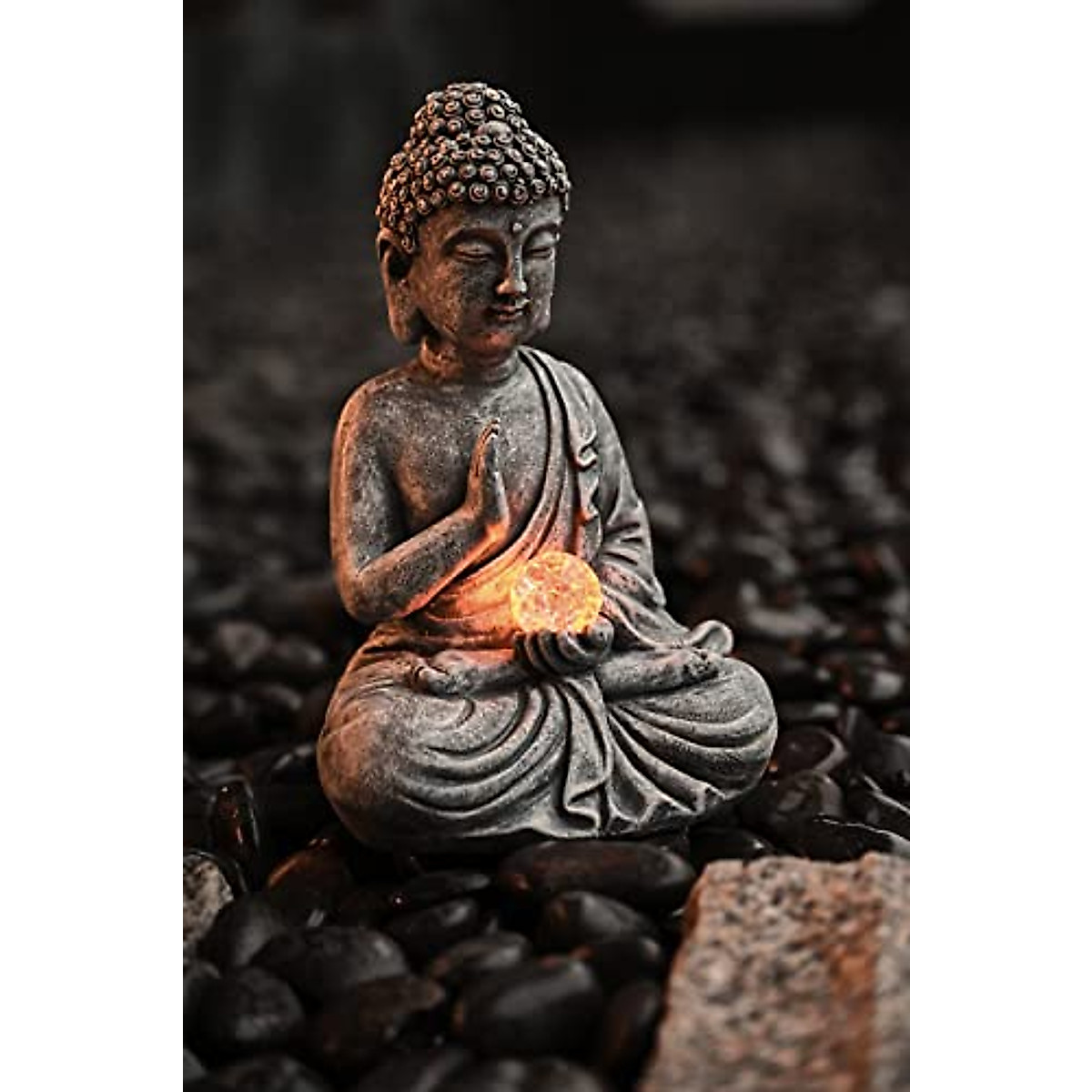 TERESA'S COLLECTIONS Meditating Buddha Statue and Lotus Lantern Garden Statue with Solar Lights, Set of 2 Rustic Buddha Outdoor Statue Spiritual Zen Garden Decor for Patio Porch Yard Decorations