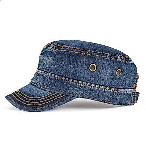 VOBOOM Washed Cotton Military Caps Cadet Army Caps Unique Design Vintage Flat Top Cap (Denim Dark Blue)