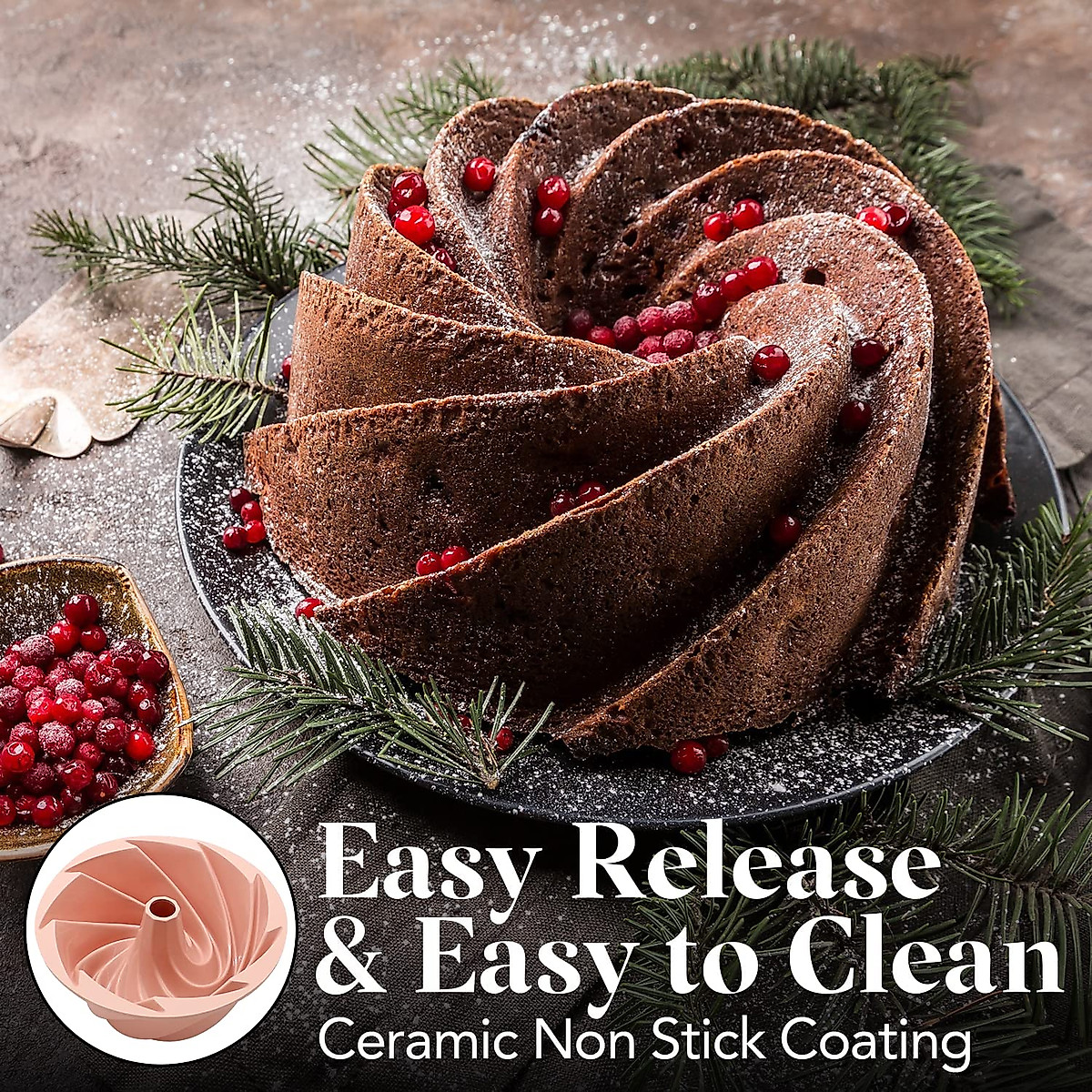 NEZART Silicone Cake Pans, Savarin Kitchen Cake Pans Mold, Non-stick Fluted Cake Pan with Spiral Design for Cake Jello Bread Birthday Party Perfect Bakeware for Cake, Jello, Gelatin, Bread