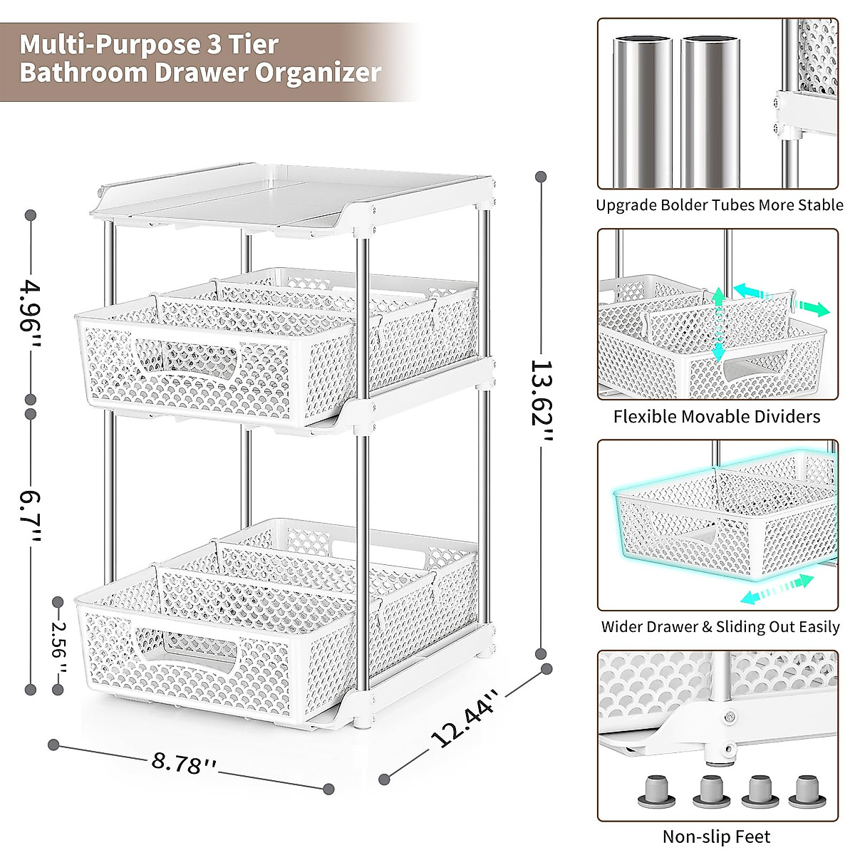 DABIGE 2Pcs 3 Tier Bathroom Organizers and Storage, UPGRADE WIDER BOLDER, Pull Out Under Sink Organizer with Dividers, Kitchen Pantry Organizers and Storage, Bathroom Storage Cabinet - White