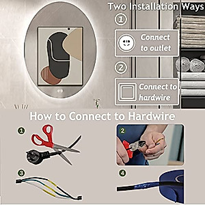 BuLife 28 X 20 Inch Oval Backlit LED Bathroom Mirror Anti-Fog 3 Colors Light Dimmable Wall Mounted Lighted Bathroom Vanity Mirror Smart Makeup Mirror with Touch Switch