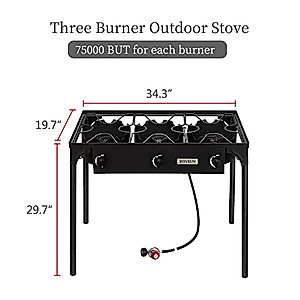 Bonnlo 3 Burner Outdoor Portable Propane Stove Gas Cooker, Heavy Duty Iron Cast Patio Burner with Detachable Stand Legs for Camp Cooking (3-Burner 225,000-BTU)