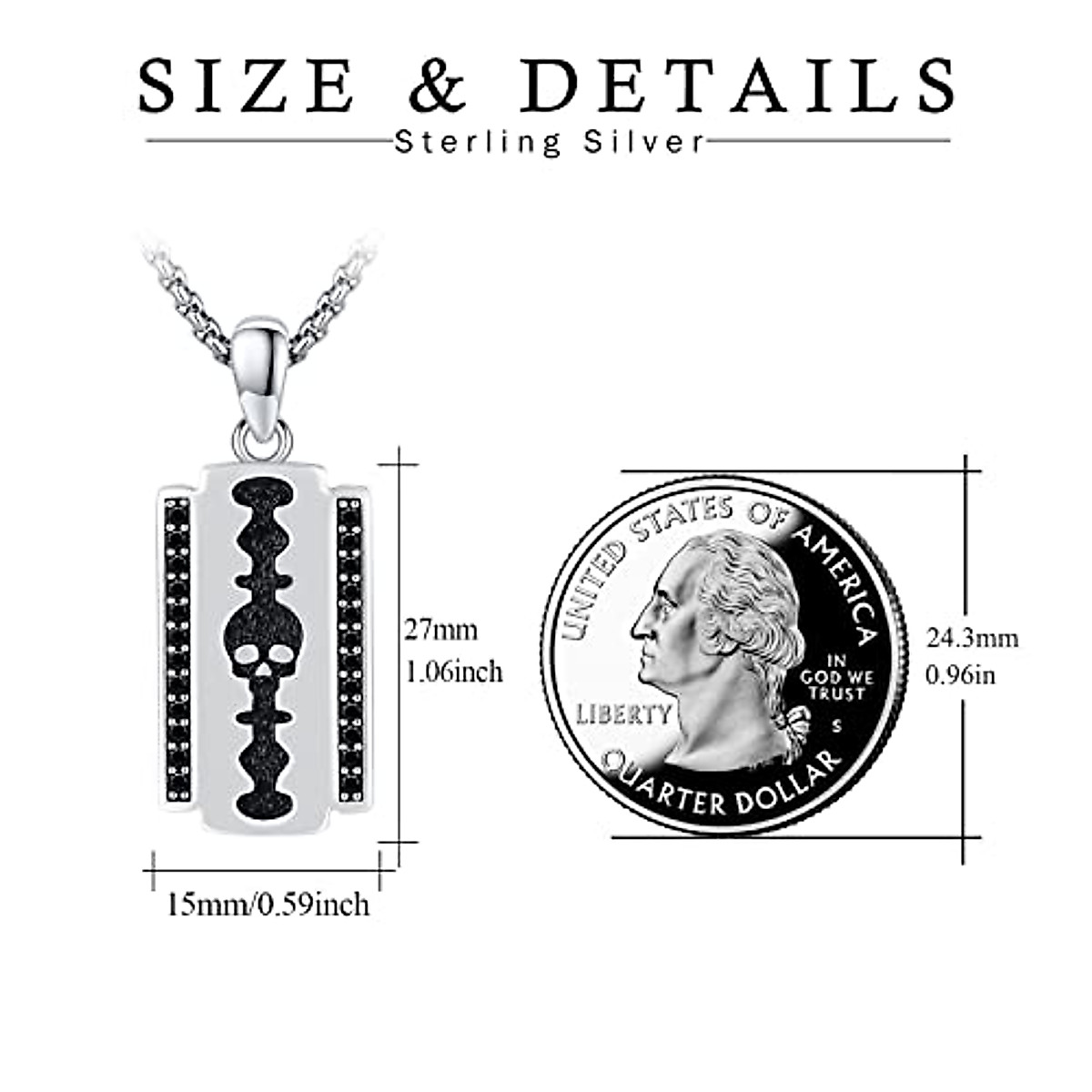 Razor Blade Necklace for Men Women 925 Sterling Silver Skull Punk Black Razor Blade Necklace Dimebag Darrell Gothic Necklace Jewelry Gifts for Father's Day