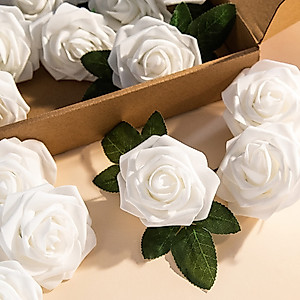 Lansdowns Artificial Flower Foam Rose 25pcs Real Looking Fake Rose with Stems Leaves for Home Decoration Party Garden Centerpieces DIY Wedding Bouquets（White）