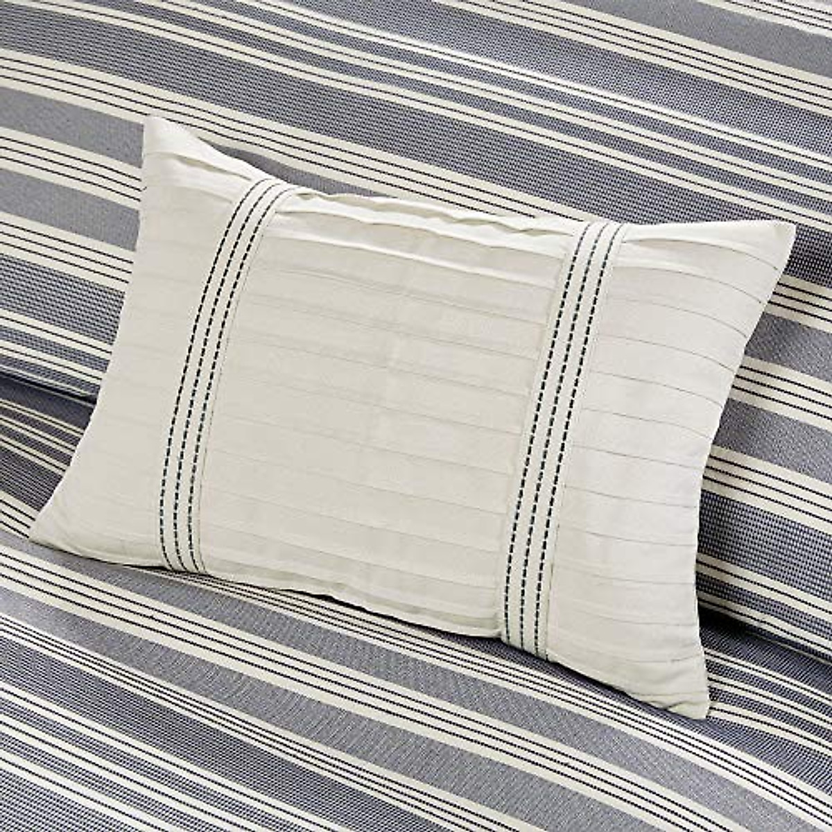 Madison Park Signature Cozy Comforter Set - All Season Bedding Combo Filled Insert and Removable Duvet Cover, Shams, Decorative Pillows, Stripe Blue King (110 in x 96 in) 10 Piece