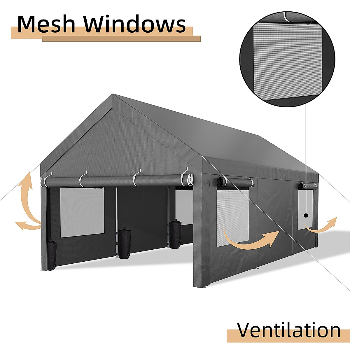 JY QAQA Carport, 12x20 FT Heavy Duty Carport Reinforced Steel Poles with Removable Sidewalls & Doors,Roll-up Windows Car Canopy with Sandbags and All-Season Tarp for Car Boat Truck Motorcycle