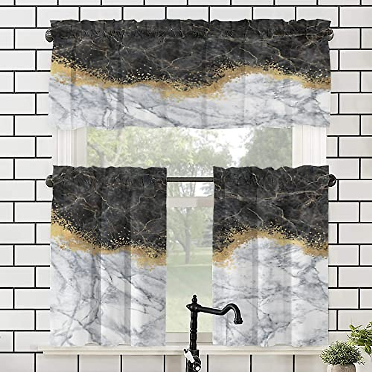Marbre 3 Pieces Kitchen Valance Window Curtain Set Rod Pocket Marble Gold White Black Geometric Rose Stone Abstract Modern Vintage White Golden Tier Curtains for Living Room Bathroom