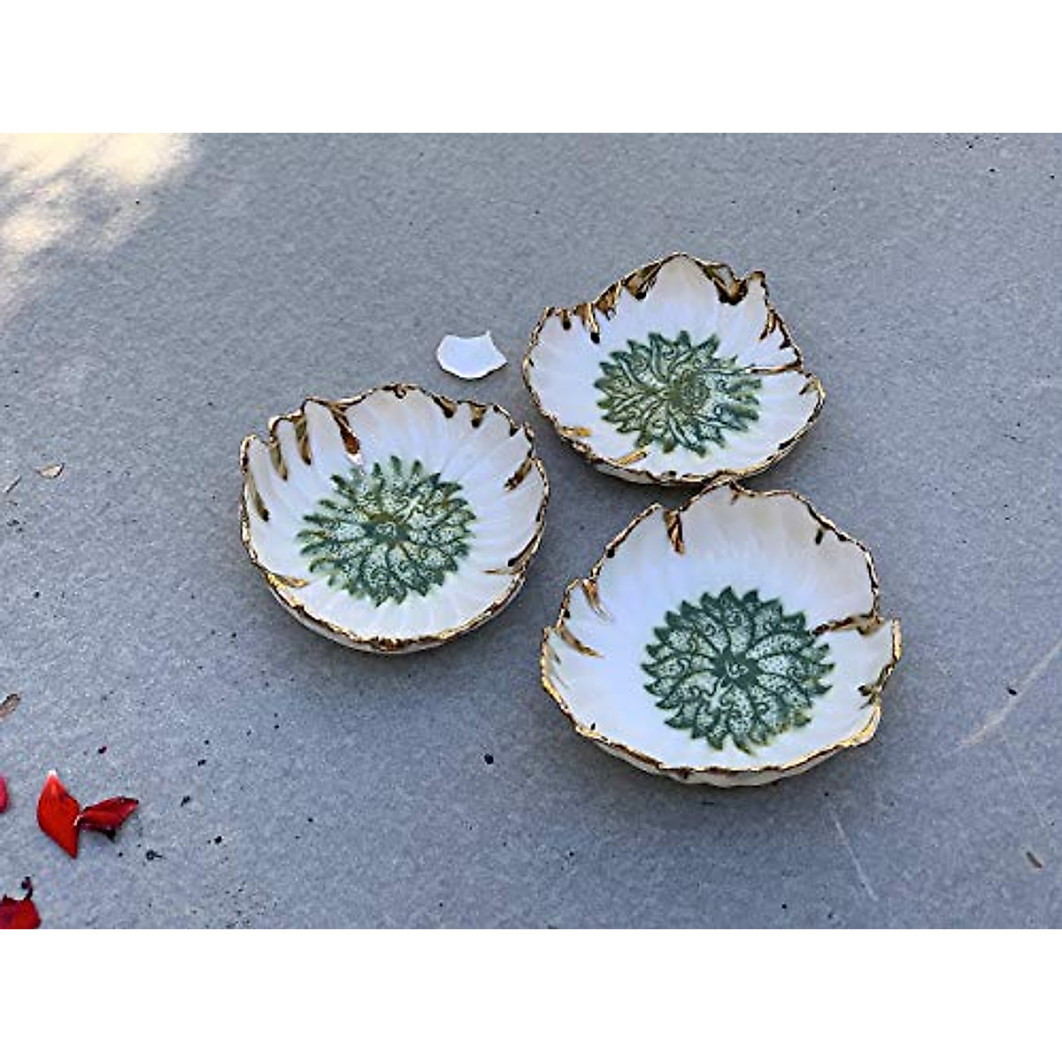 Green Lotus Flower Ring Dish with Gold Rim, Handmade Ceramic Trinket Dishes, Jewelry Gifts for Women and Men -stock photo, please read description