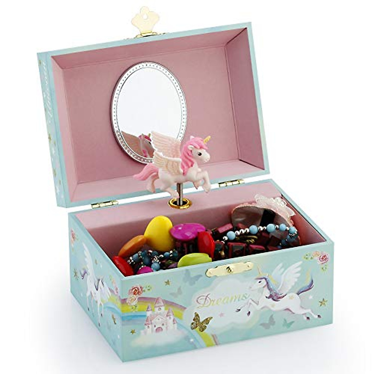 RR ROUND RICH DESIGN Musical Jewelry Glitter Storage Box and Jewelry Set for Little Girls with Spinning Unicorn and Rainbow - Blue Danube Tune Blue