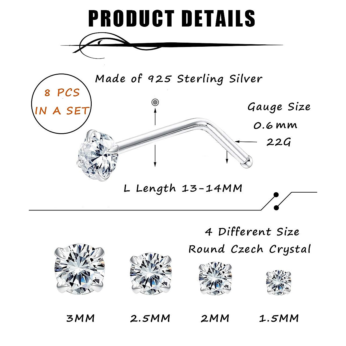 Sllaiss 22G 8Pcs Small L Shape Nose Rings Piercing Pin Studs for Women Men 925 Sterling Silver Nose Studs Rings Body Jewelry 1.5mm 2mm 2.5mm 3mm Hypoallergenic