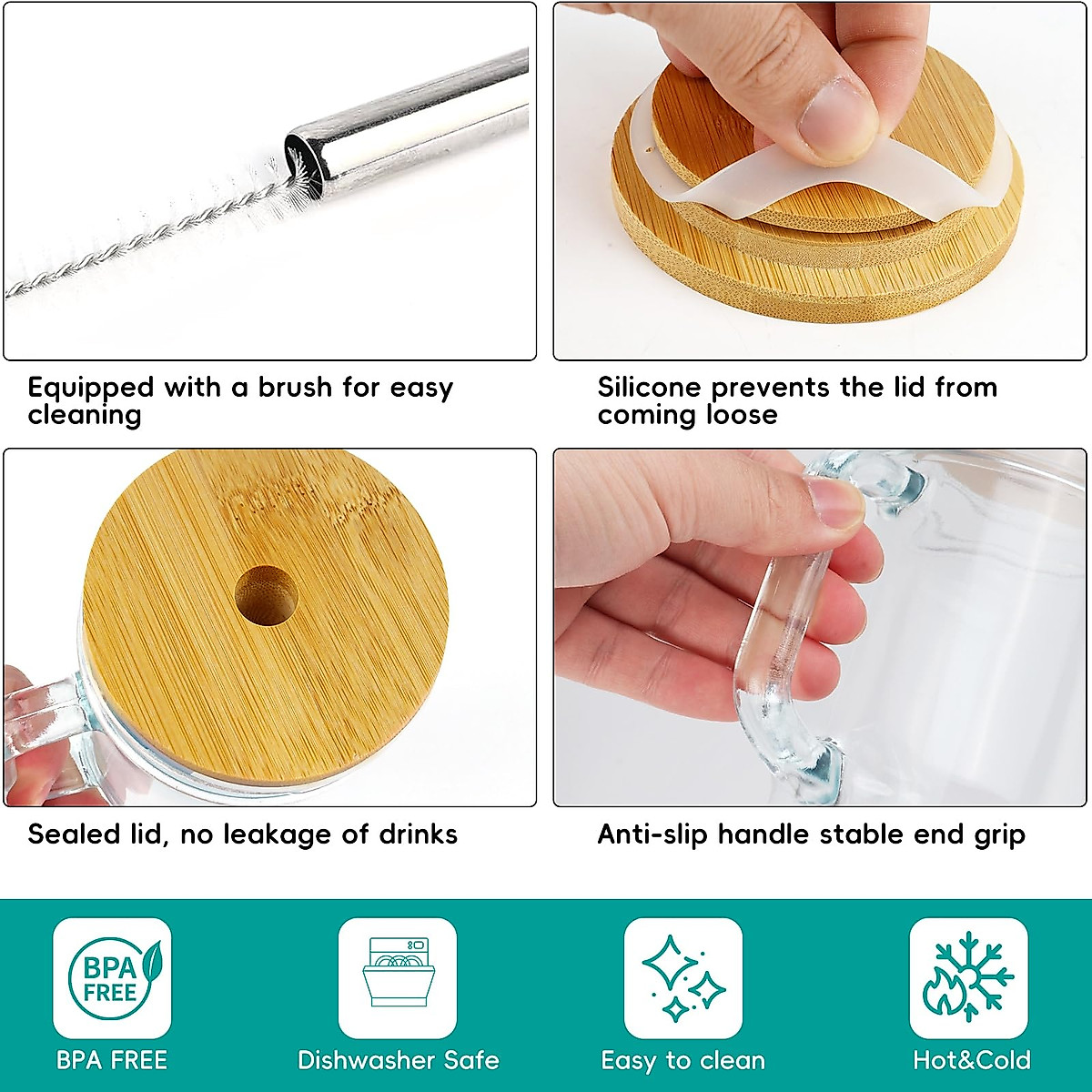 YUANYE 4 Piece 24oz Mason Handle Glass Cups with Lids and Straws -Drinks Enthusiasts Essential Glasses Drinking Set, Perfect for Iced Coffee and Beer,fruit water，Tea and Coffee