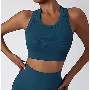 ABOCIW Women 2 Piece Seamless Gym Workout Sets Ribbed High Waist Biker Shorts with Racerback Sports Bra Yoga Crop Tank Top Yoga Exercise Outfit Teal Large
