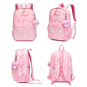 Caran·Y Girls Backpack for Kid in Waterproof Elementary Large space Love decoration Starry Pattern School Bookbag Boys Girls Fit Over 6 Years Old Girls Book Bag（Pink）