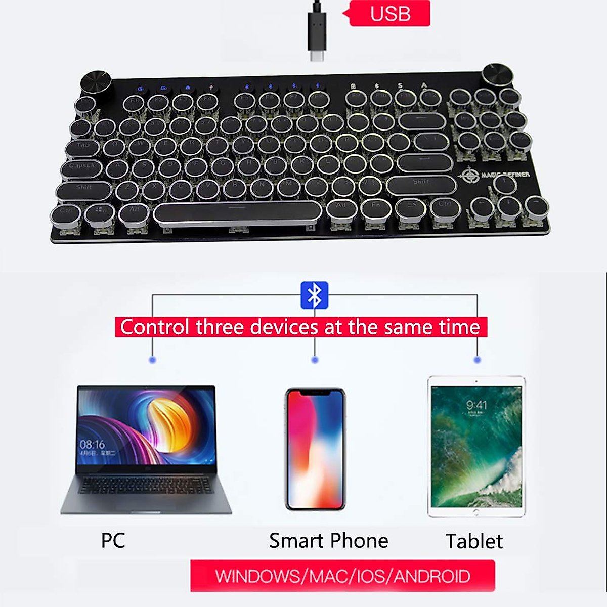 MK11 RGB Mechanical Keyboard Wireless/Wired Multi-Device Gaming Keyboard-Blue Switch-RGB LED Backlit-87 Keys for PC/Mac/iPad/iPhone/Smartphone/Laptop (Black)
