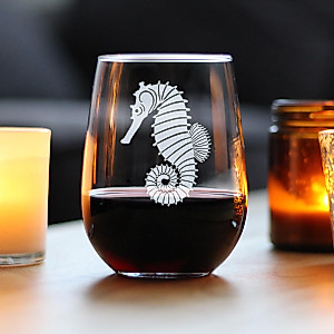 Seahorse Stemless Wine Glass - Unique Beachy Summer Gifts and Beach House Decor - Large 17 Oz Glasses