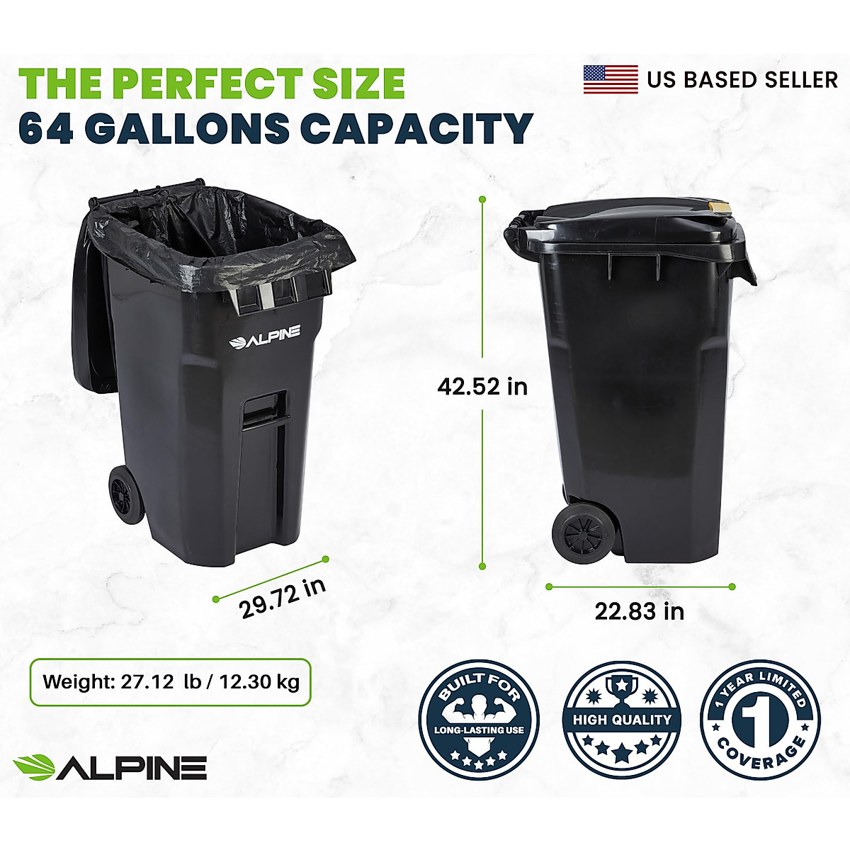 Alpine 64 Gallon Trash Can with Wheels - Large Heavy Duty Outdoor Trash Can with Lid, Rolling Trash Can Outdoor, Outside Wheeled Garbage Can for Residential and Commercial Use (Black)