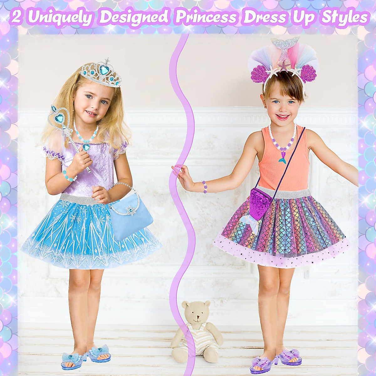Princess Dress Up Shoes and Jewelry Boutique -Girls Pretend Play Set w Cloak & Tutu Skirt, 3 Pairs Princess Shoes Pretend Accessories Toddlers Beauty Birthday Gifts Toys Years3+