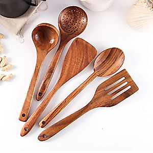 Wooden Spoons for Cooking, Tmkit Cooking Utensils Set of 6 Natural Teak Wooden Cooking Spatulas with Utensils Holder Comfort Grip Wooden Kitchen Utensils for Nonstick Cookware