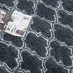 HOMBYS 8x10 Fluffy Area Rug for Living Room Bedroom, Super Soft Geometric Modern Plush Large Play Carpet for Kids, Non-Skid Luxury Fuzzy Décor Shag Feet Mat for Bedside, Grey