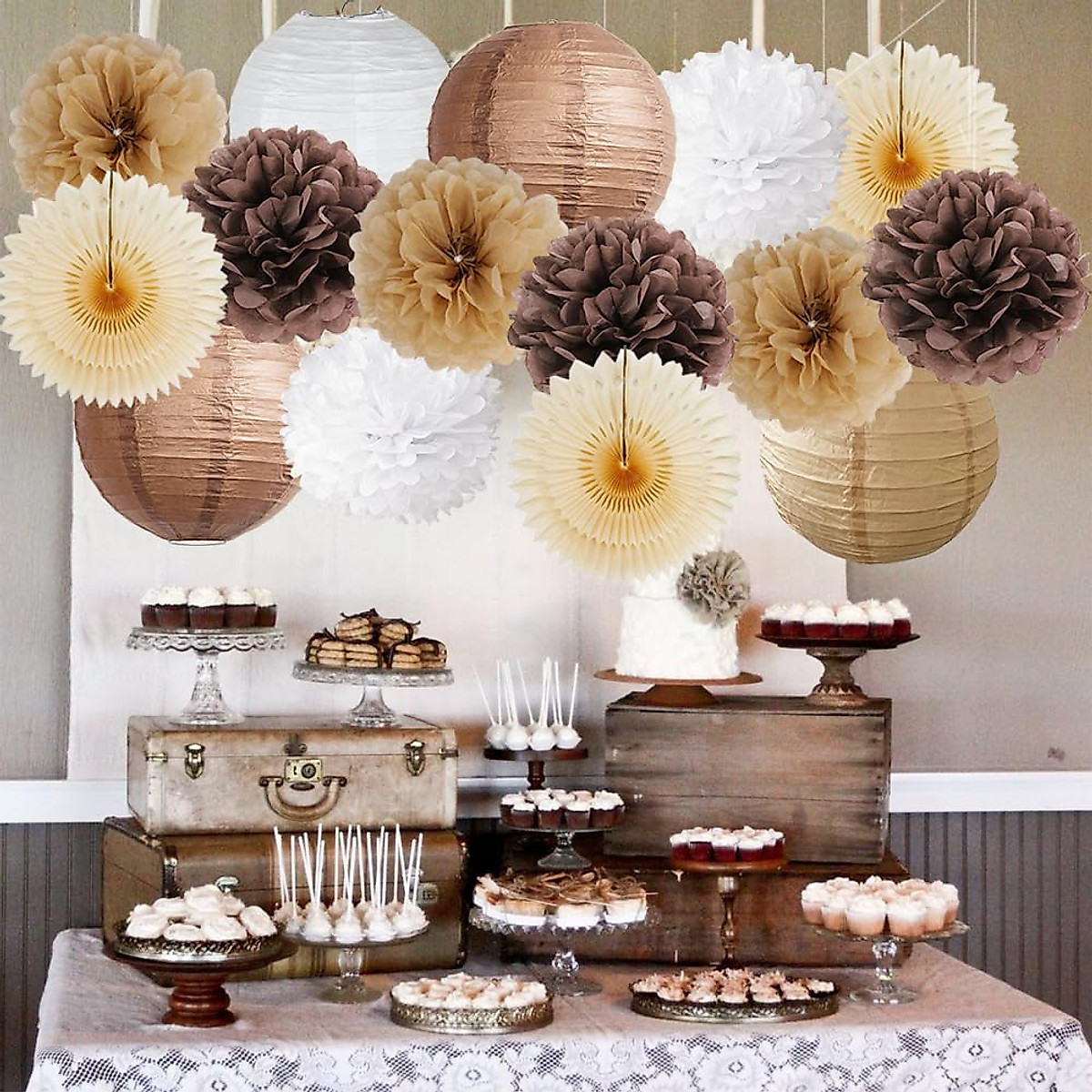 Cream Tan Brown Party Decorations Rustic Paper Fans Lanterns Pom Poms Boho Brown and Beige Neutral Party Decorations for Brown Birthday Decorations Baby Shower Bridal Shower Engagement Wedding
