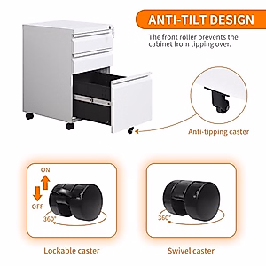 Yukimo 3 Drawer Mobile File Cabinet, Filing Cabinet Home Office for Letter, Legal Size, Fully Assembled Under Desk File Cabinet, White