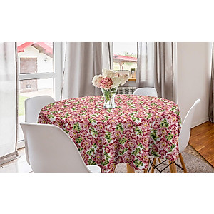 Ambesonne Romantic Round Tablecloth, Vintage Inspired Peonies with Fresh Vibrant Spring Season Foliage Leaves, Circle Table Cloth Cover for Dining Room Kitchen Decoration, 60", Pale Pink Fern Green