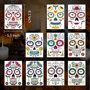 Day of the Dead Face Tattoos, 10 Pack Día de Los Muertos Temporary Face Sticker Kit, Halloween Decorations Sugar Skull Costume Makeup Decor, Glitter Red Roses Skeleton Full Face Mask Tattoos Temporary