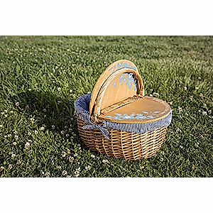 PICNIC TIME - Disney Cinderella Country Vintage Picnic Basket with Lid - Wicker Picnic Basket for 2, (Navy Blue & White Stripe)