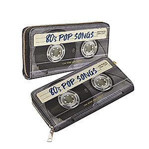 WIRESTER PU Leather Clutch Purse Card Holder Wallet, Zip Around Long Wallet for Women - Retro Clear Cassette Tape Pop Songs