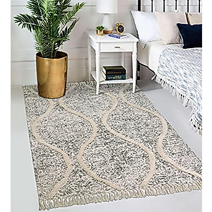 Uphome Boho Area Rug 4' x 6' Washable Vintage Printed Living Room Rug Gray Tufted Distressed Bedroom Rug with Tassels Cotton Farmhouse Floor Carpet for Dining Entryway Kids' Room