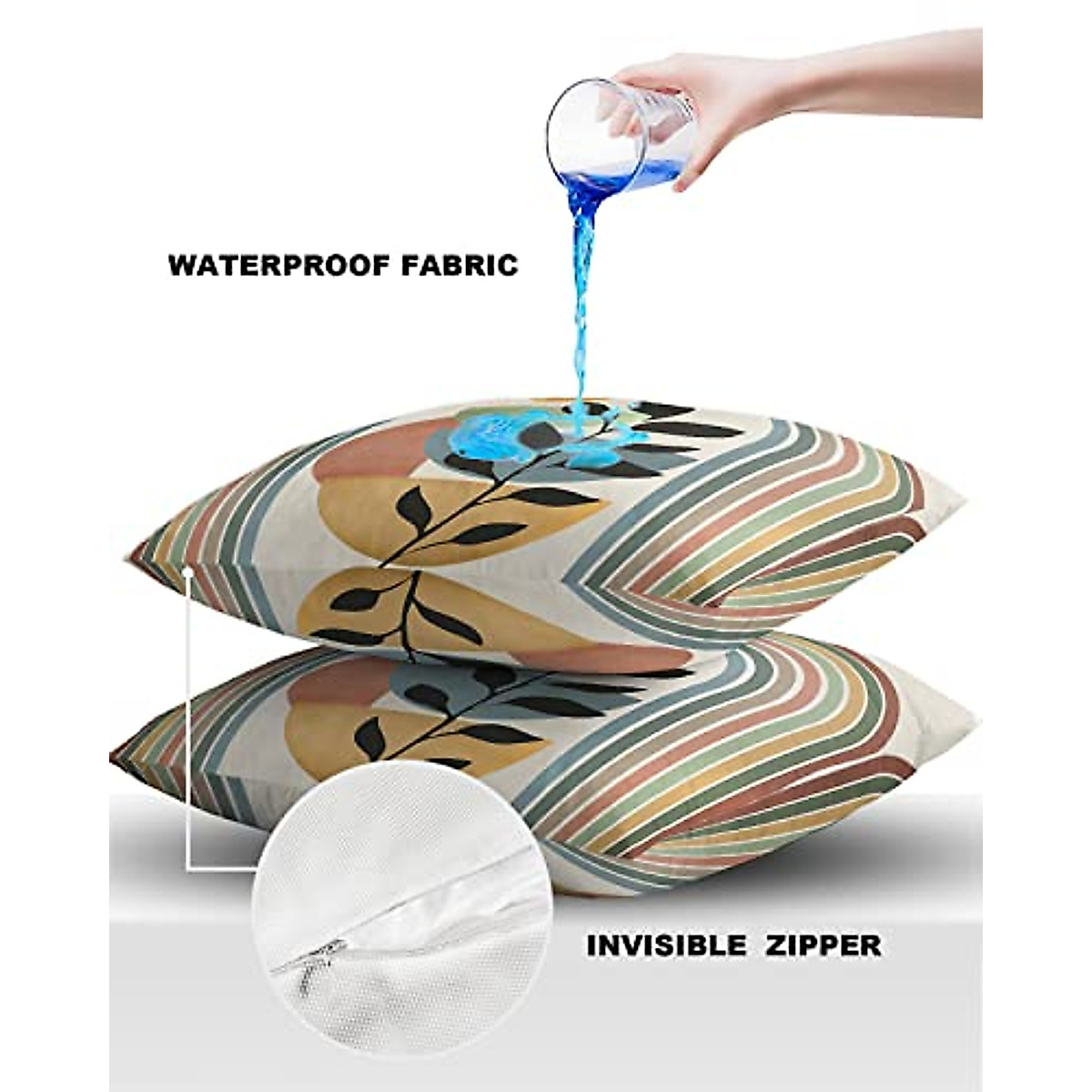 Outdoor Pillow Covers Waterproof, Boho Geometry Throw Pillowcase Decorative Cover, Rainbow Striped Middle Century Northern Europe Garden Cushion Case Set of 2 for Sofa, Couch, Tent, Patio 16"x16"