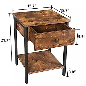 LIRUXUN 2 Tier Wooden Bedside Table with Drawers Rustic Bedroom Bedside Table with Metal Frame for Bedroom Living Room