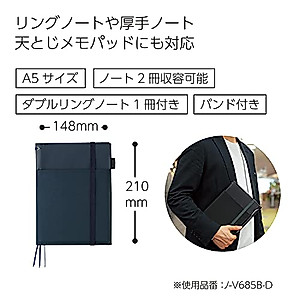 KOKUYO Systemic Synthetic Leather Cover Notebook, with One A5, B 6mm Ruled, 28 Lines, 50 Sheets, Twin Ring Edge Title Notebook, Navy Blue, Japan Import (NO-V685B-DB)