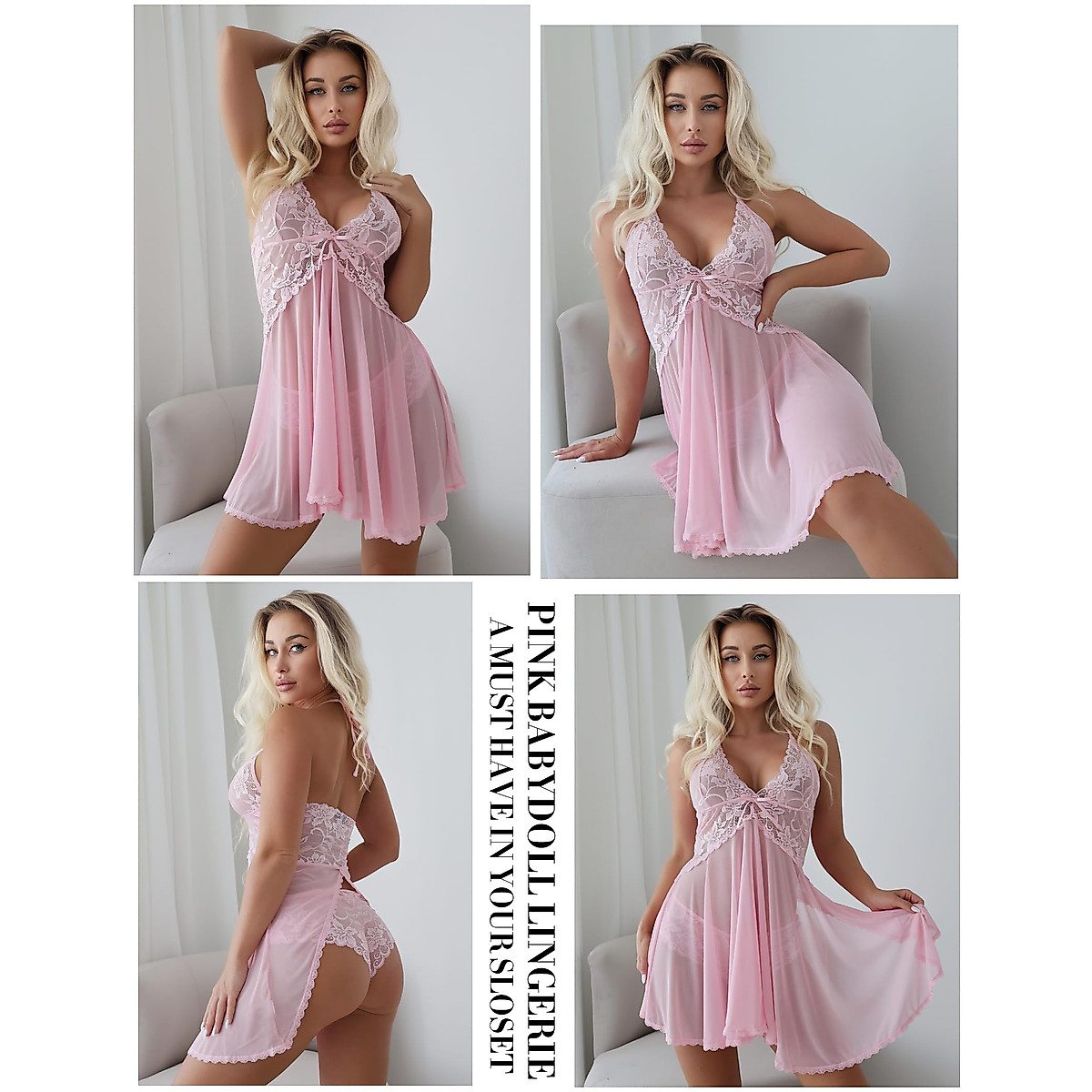 Avidlove Sexy Lingerie for Women Lace Babydoll Halter Chemise V Neck Nightgown Nightwear Nightdress Pink