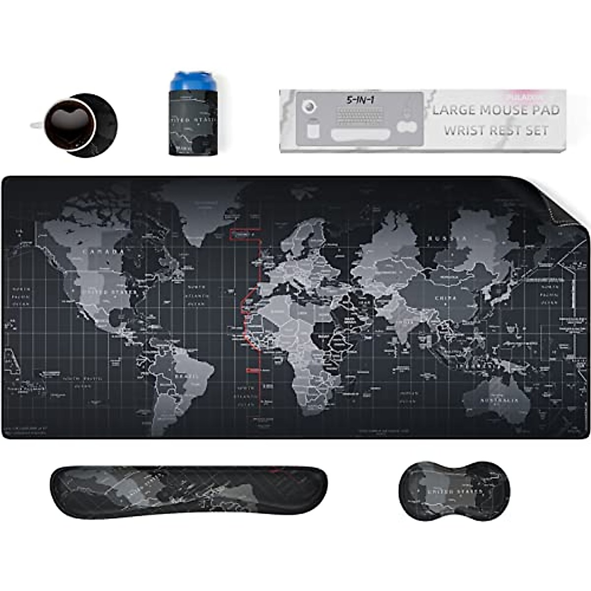 PULAIXIN 5 in 1 Keyboard Mouse Pad Set, Mouse Pad Wrist Support, Extended Gaming Mouse Pad + Keyboard Wrist Rest Support, (34.5×15.7 in) Large Ergonomic Mousepad Desk Mat Combo -Black World Map