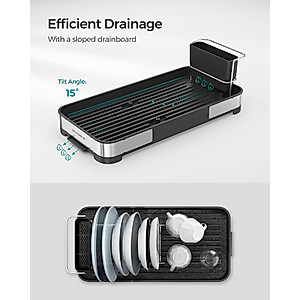 SONGMICS Small Dish Drying Rack, Dish Dryer for Kitchen Counter, Stainless Steel Dish Rack with Drain, Utensil Holder, Rustproof, for Dishes, Knives, Spoons, Forks, Silver and Black UKCS034B01