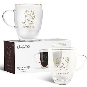 GLORAMA Double Walled Glass Coffee Mugs for Couples - Espresso Cups, Coffee Cups for Couples with Gold Line Art Inscription, Freezer & Microwave Safe (12oz)