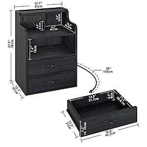 LIKIMIO Black Nightstand with LED Charging Station 2 Drawers and Storage Shelves, Left and Right Interchangeable Sockets Bed Side Table Night Stand with Drawer