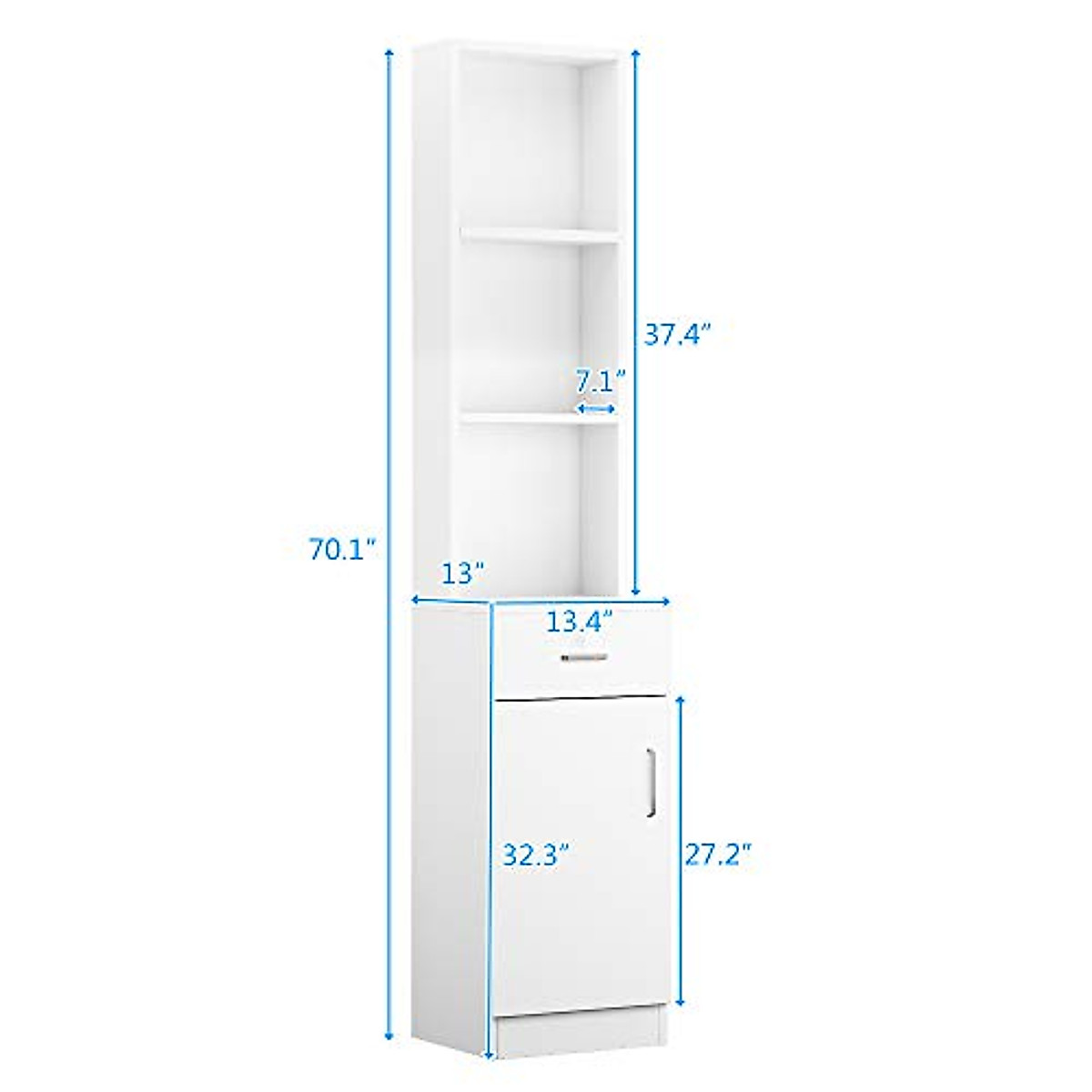 70.08inch Tall 3-Tier Bookcase with Drawers - White Narrow Bookcase with Cabinet , Open Storage Display Cabinet, 3-Cube Bookshelf for Living Room, Bedroom, Office 178 x 34 x 33 cm(L x W x H)